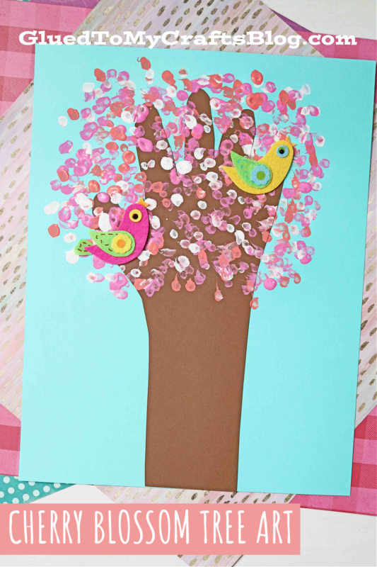 Q-Tip Painted Handprint Cherry Blossom Tree Craft Idea