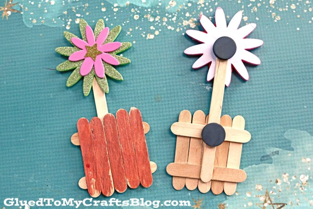 Popsicle Stick Flower Pot Magnet Craft Idea