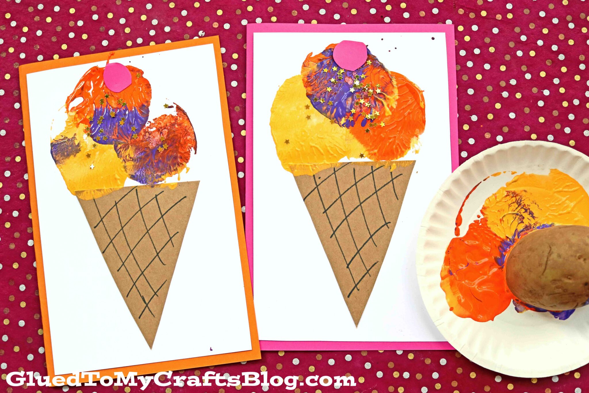 Potato Stamped Ice Cream Card Craft Idea
