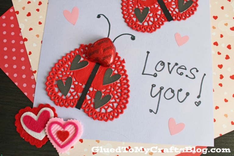 Paper Heart Doily Ladybug Valentine's Day Card
