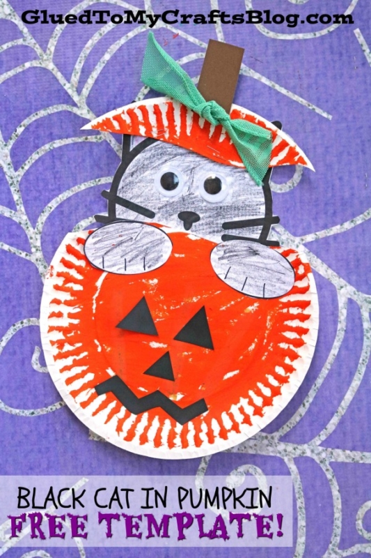 Paper Plate Black Cat In Pumpkin Craft For Halloween