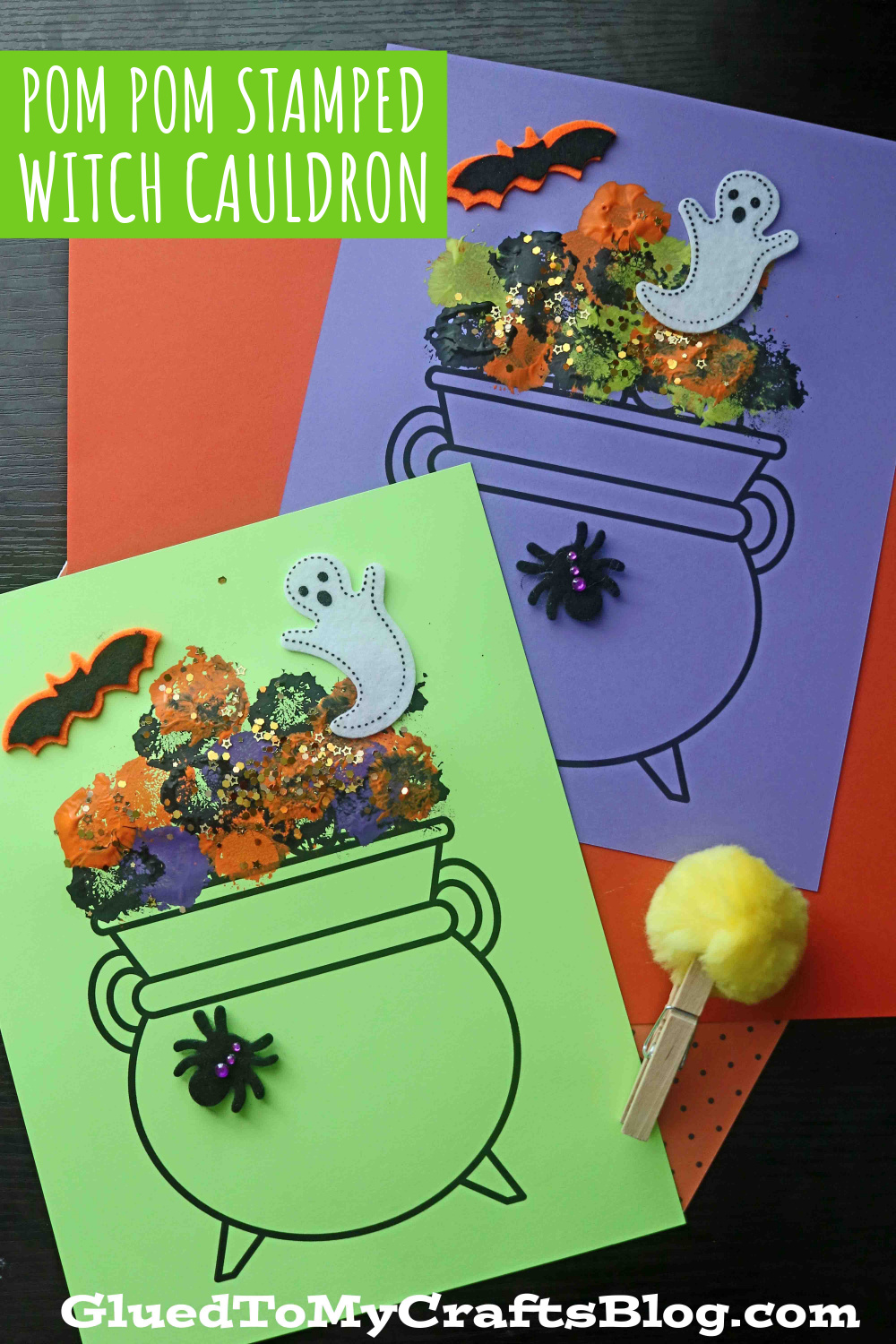 Pom Pom Stamped Cauldron Craft Idea For Halloween