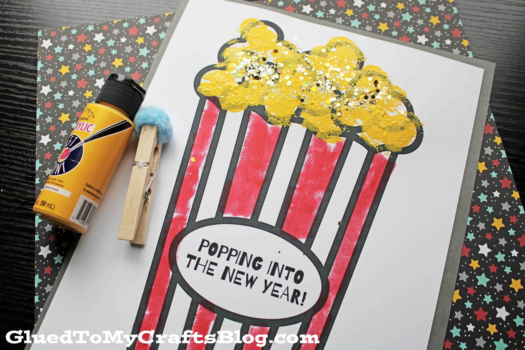 Pom Pom Stamped Popcorn Craft For New Year's