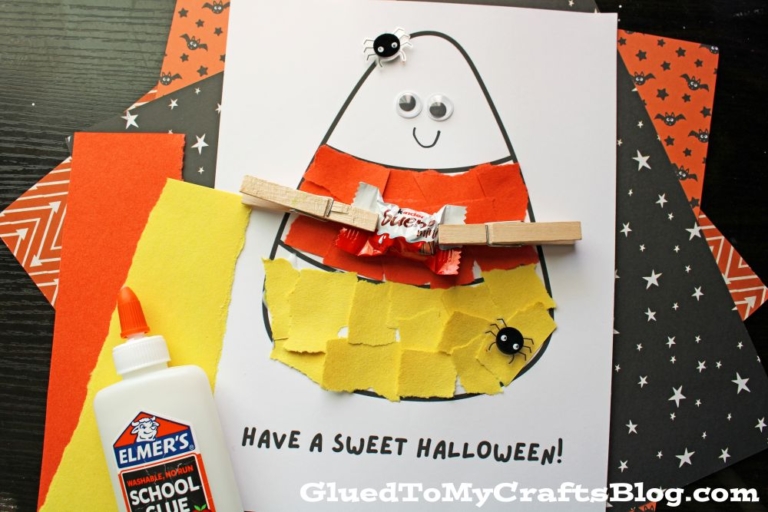 Torn Paper Candy Corn Card Craft Idea For Halloween - Glued To My Crafts