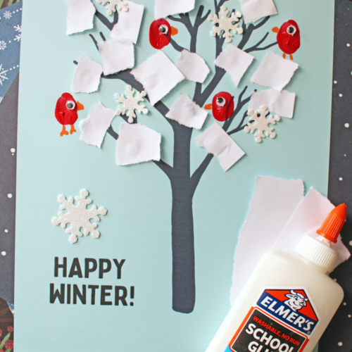 Torn Paper Winter Tree Craft Idea w/Fingerprint Cardinals