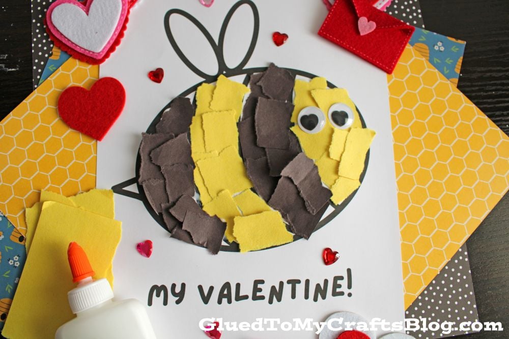 Torn Paper Bee My Valentine Card Craft Idea For Valentine's Day - Glued ...