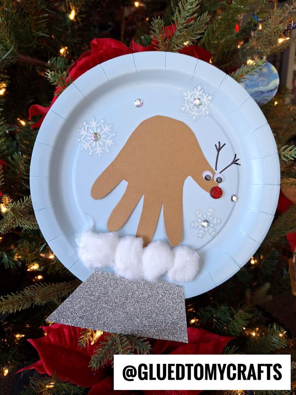 Paper Plate & Handprint Reindeer Snow Globe Craft - Glued To My Crafts